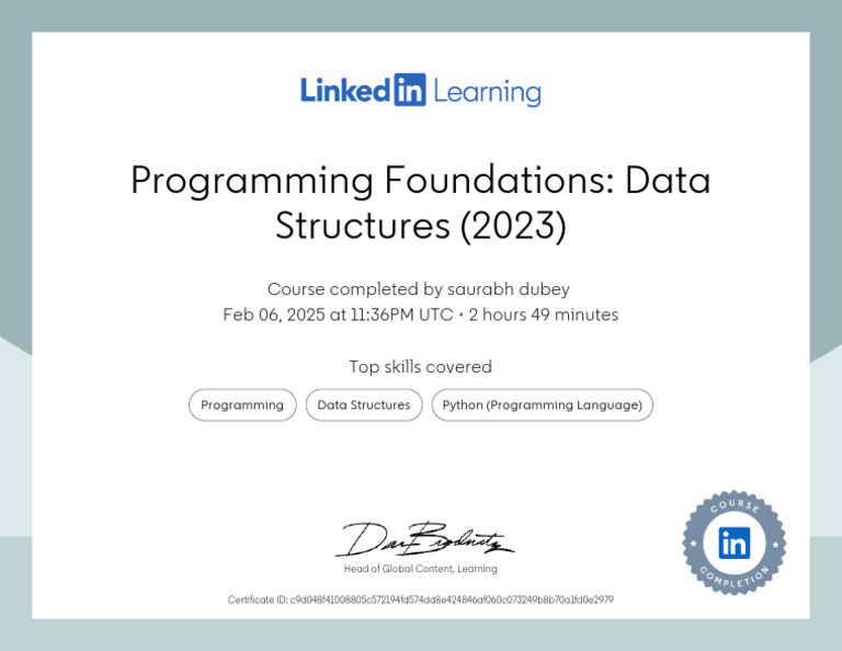 CertificateOfCompletion - Programming Foundations Data Structures 2023 | PDF