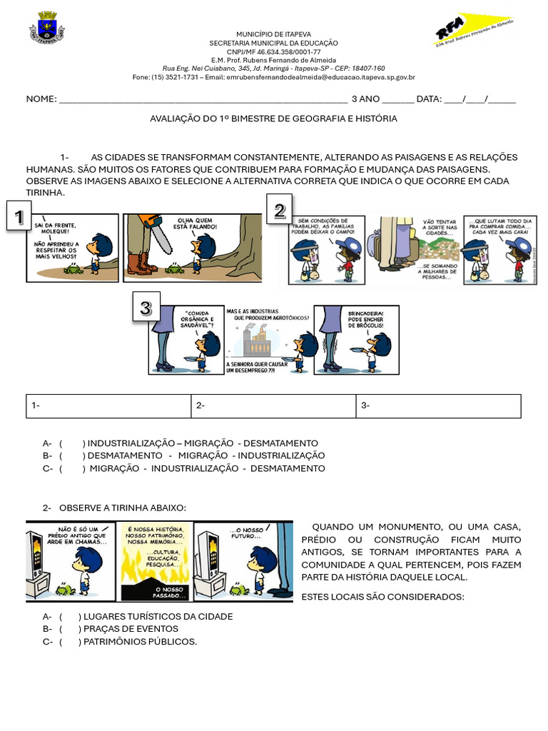 Avaliação de Geografia e História 3º Ano | PDF