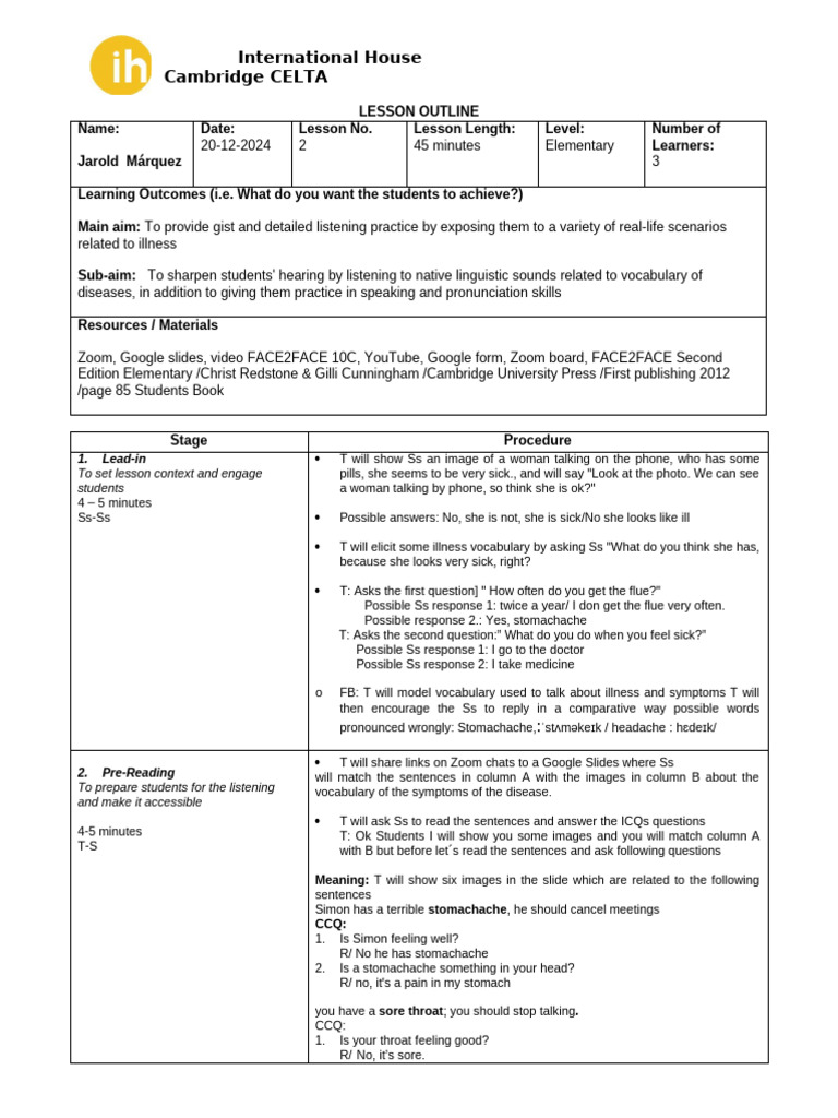 Celta LP Outline Tp2-Listening | PDF | Linguistics | Applied Linguistics