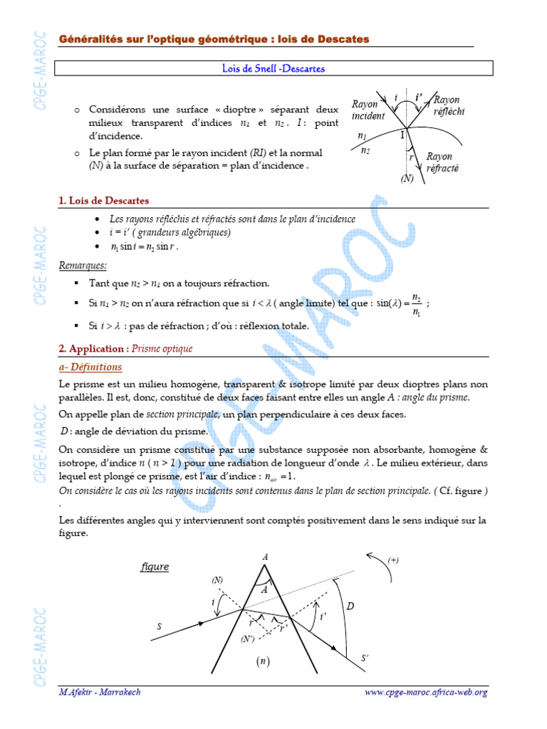Lois de Snell-Descartes en optique | PDF | Réfraction | Indice de ...