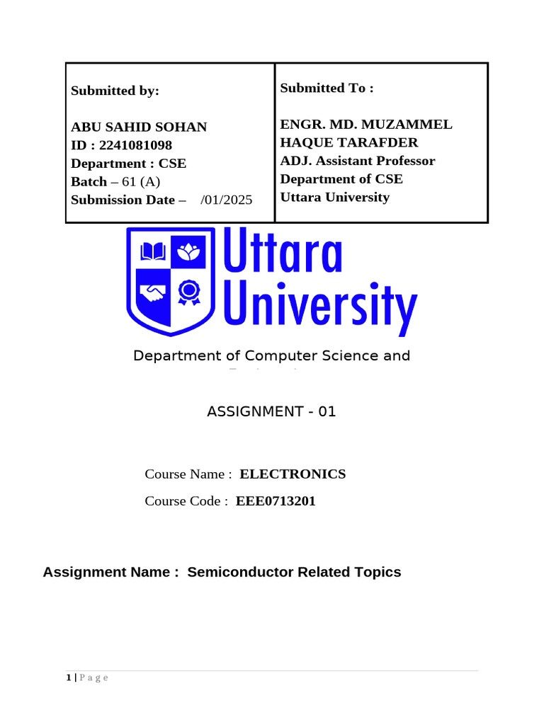 Semiconductor Assignment -01 | PDF | Semiconductors | Doping (Semiconductor)