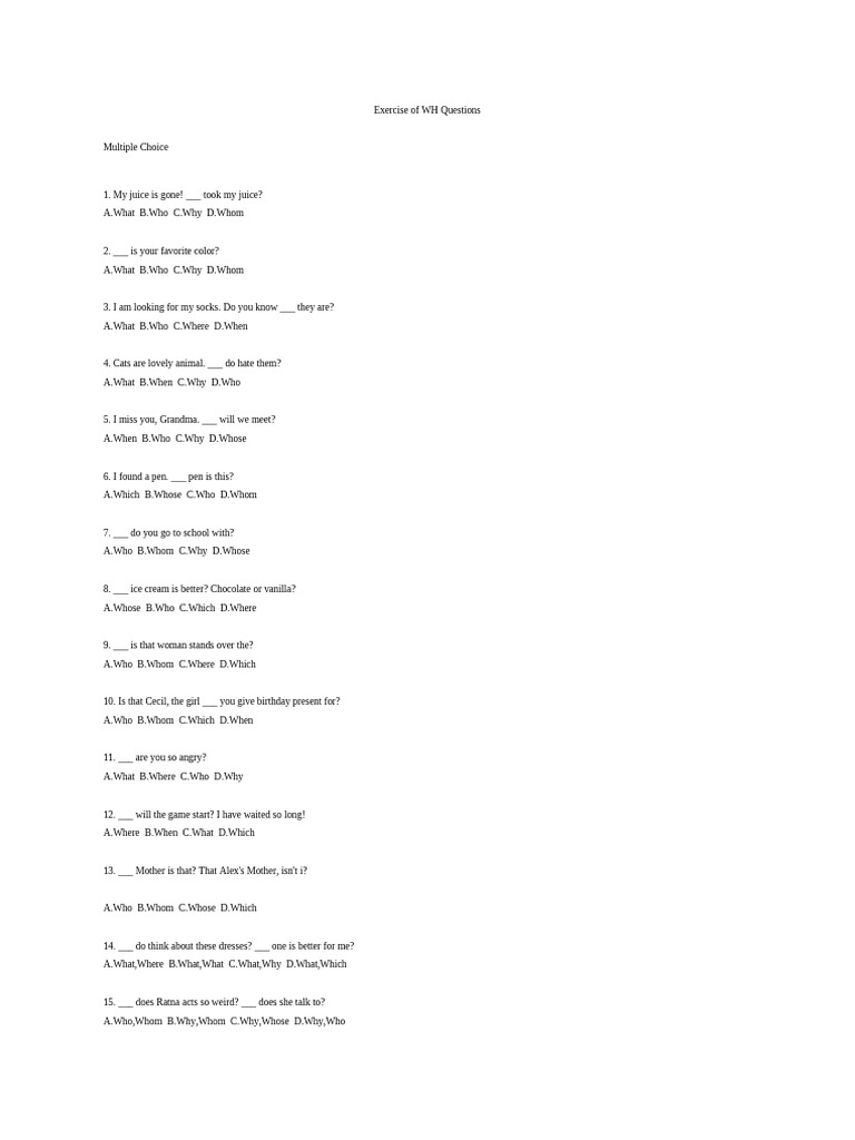 WH Questions Practice Exercises | PDF