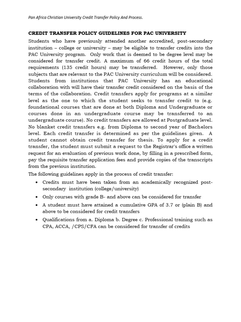 Credit Transfer Policy Guidelines For Pac University | PDF
