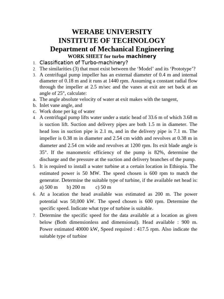 Turbo Machinery Worksheet Guide | PDF