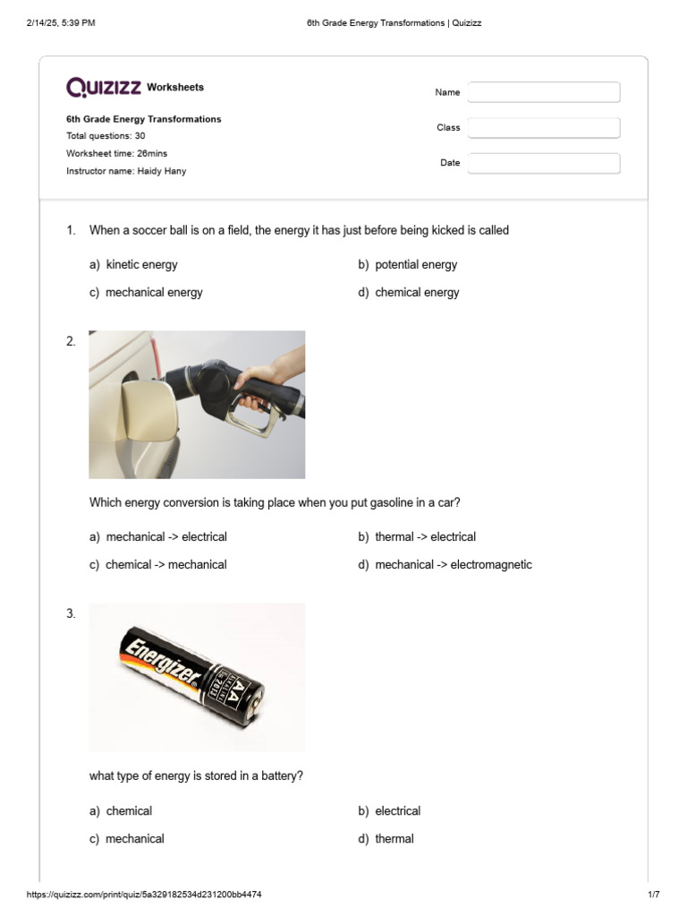 6th Grade Energy Transformations - Quizizz | PDF | Potential Energy ...