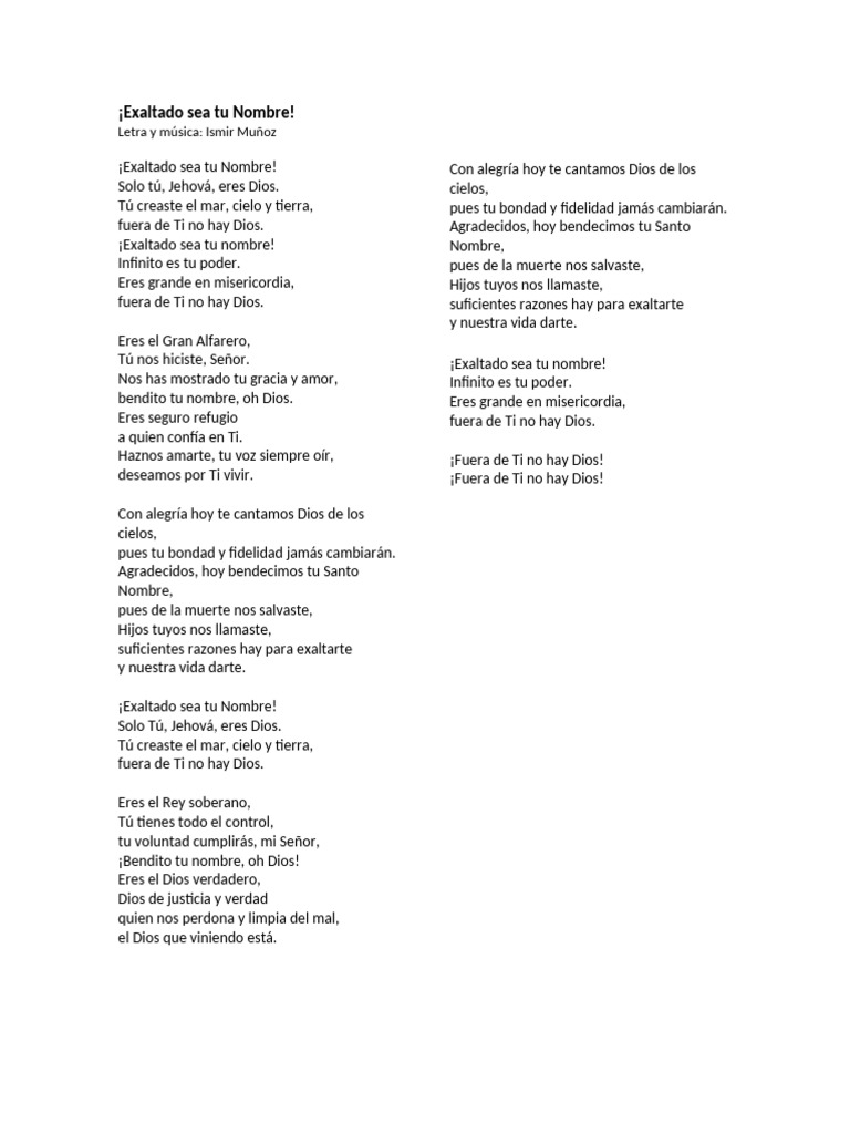 Exaltado Sea Tu Nombre - Letra | PDF