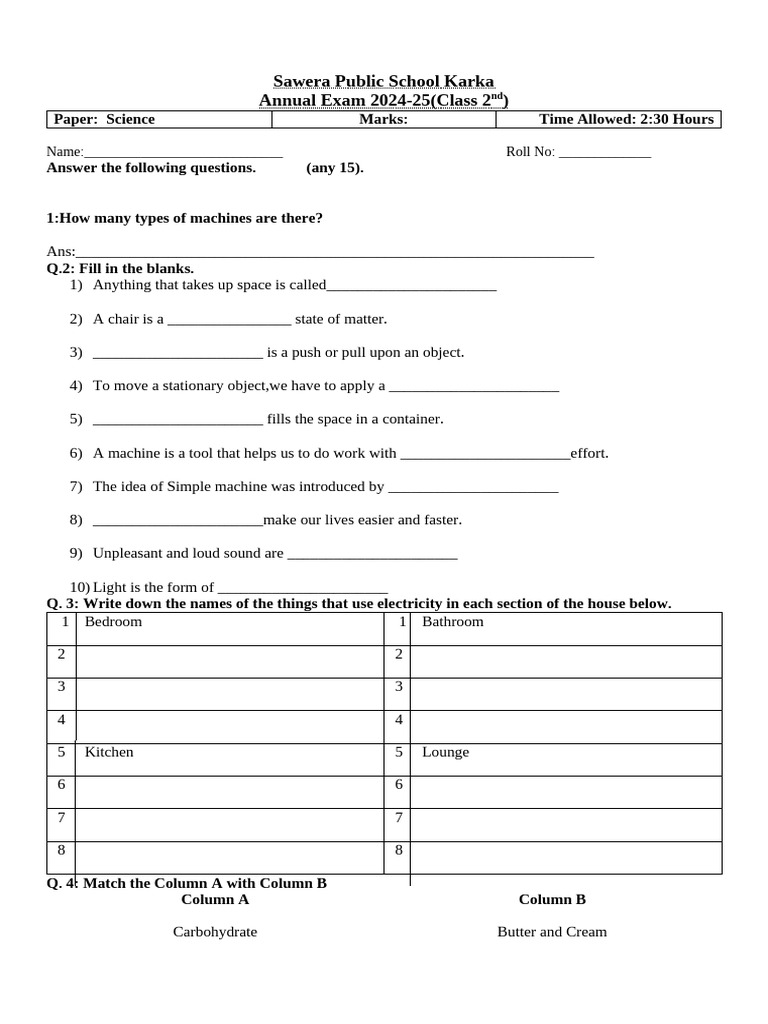 Class 2 Science Exam 2024-25 Paper | PDF