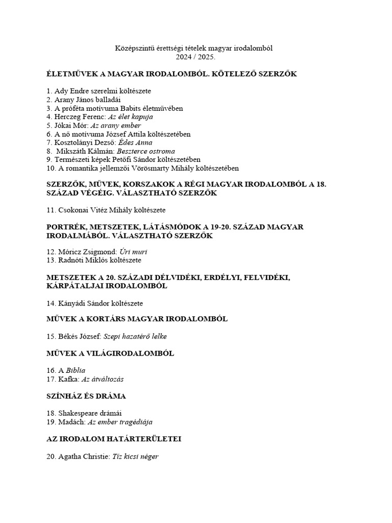 Középszintű Magyar Szóbeli Érettségi Tételek 2025 | PDF