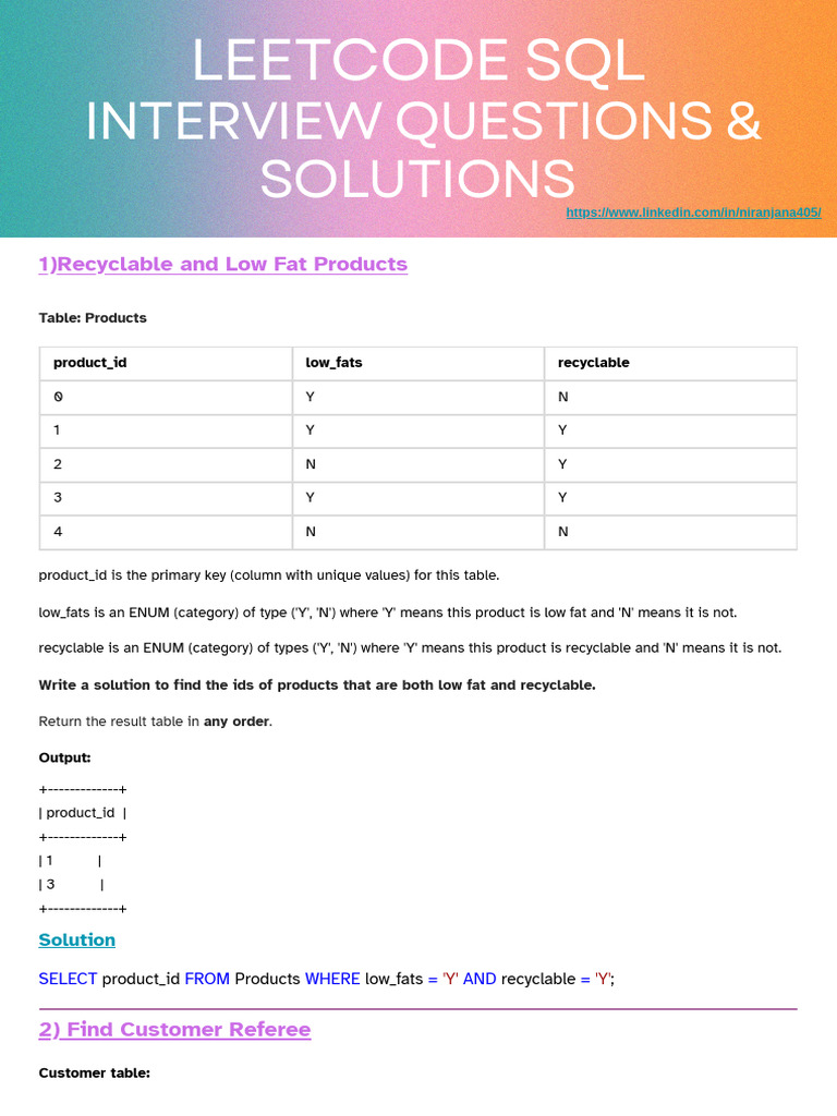 Leetcode SQL Interview Questions & Solutions | PDF | Table (Database) | Data Management