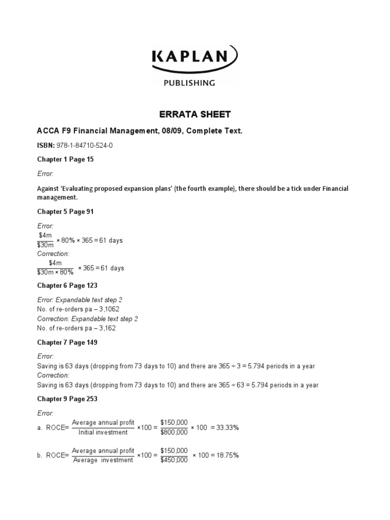 Acca f9 Errata Sheet | Net Present Value | Dividend