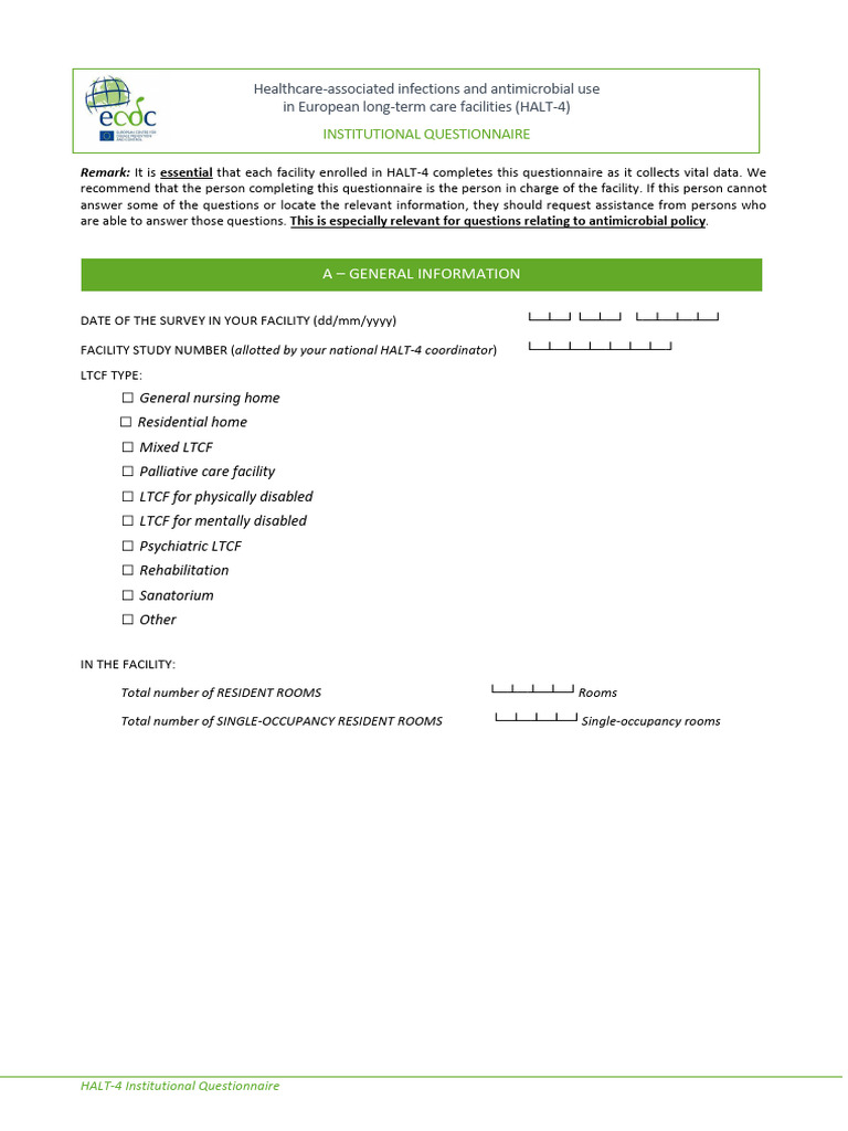HALT-4 Questionnaire for LTCF Infections | PDF | Antimicrobial | Hand ...