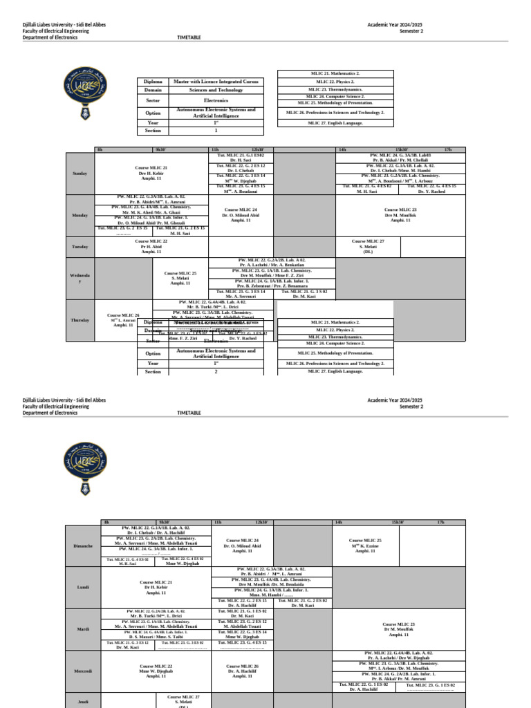 Timetable MLIC 1-2024-2025 S2 | PDF | Physical Sciences | Science