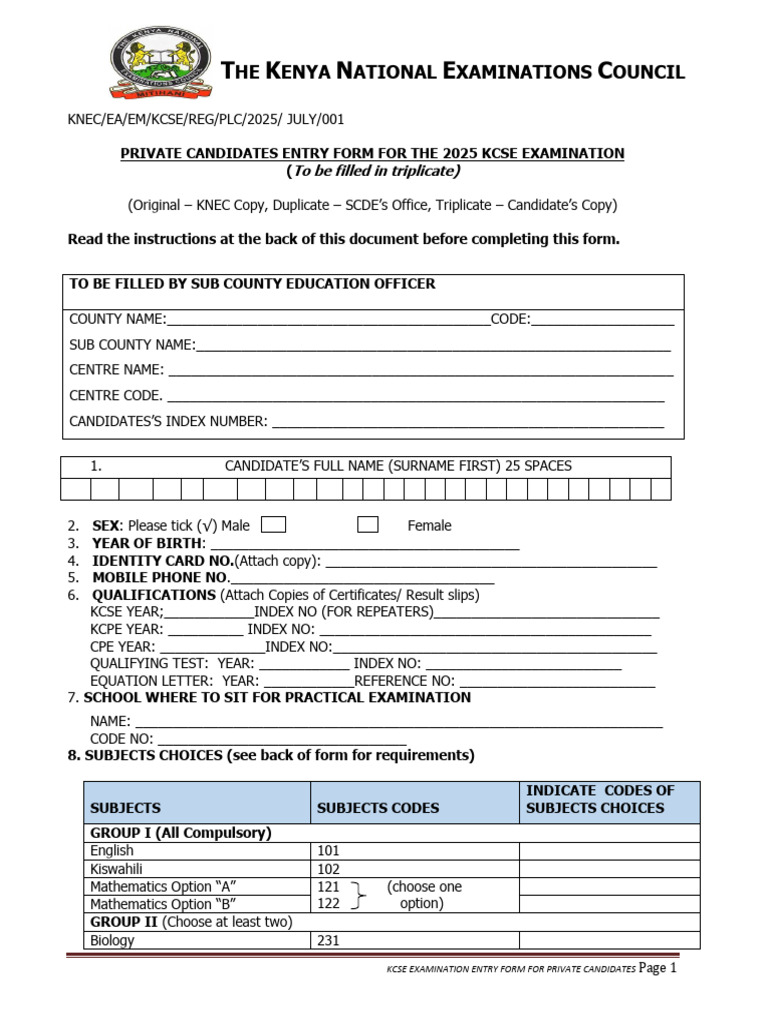 2025 KCSE Entry Form For Private Candidates | PDF