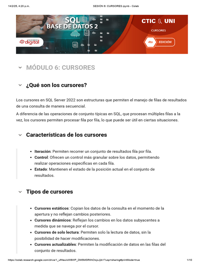 Cursores en SQL Server 2022: Guía Completa | PDF | SQL | Informática