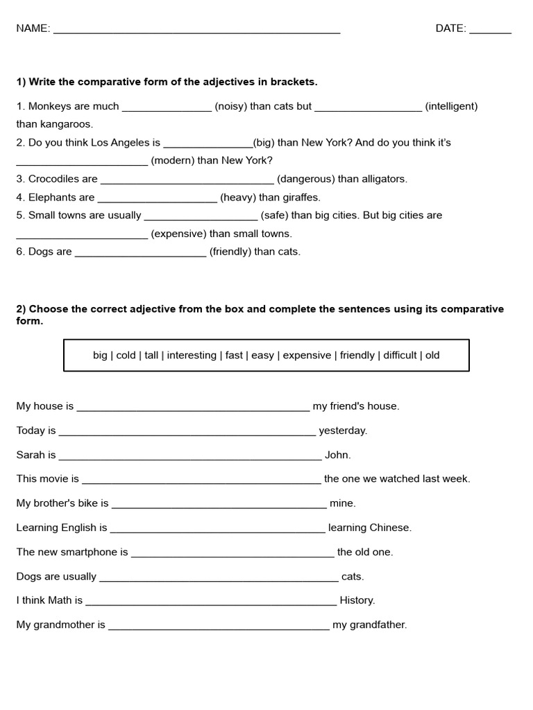 Comparative Adjectives Practice Worksheet | PDF | Zoology