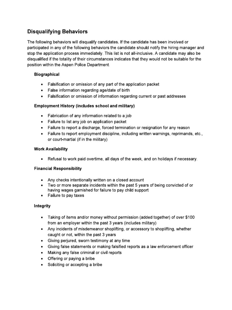 Police Officer Disqualifying Behaviors | PDF