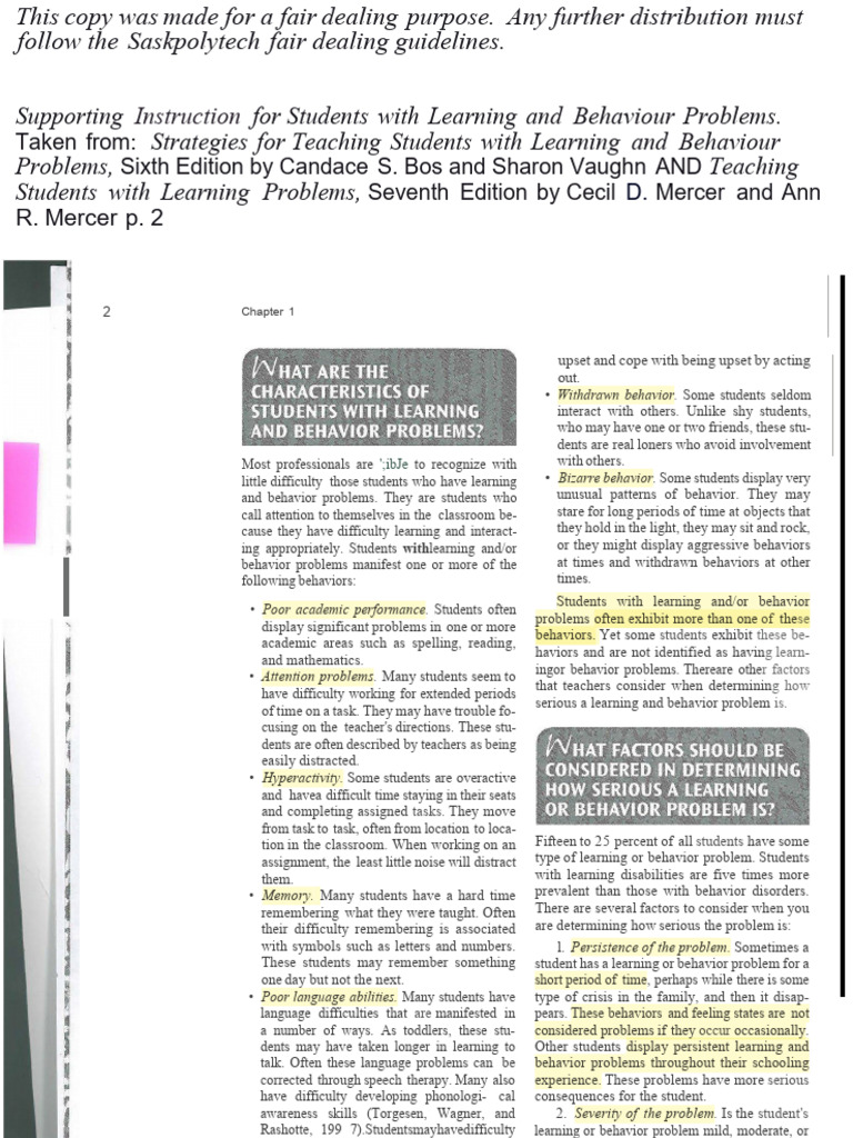 LO1-LS2.1 PDF - Characteristics of Students With Learning and Behaviour Problems Supporting Text ...