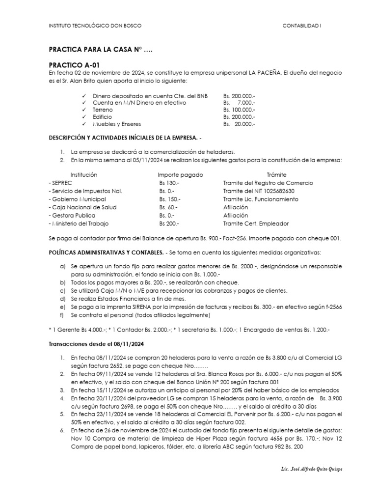 PRACTICO A1 INTRO COSTOS I 2025 | PDF | Contabilidad | Cheque