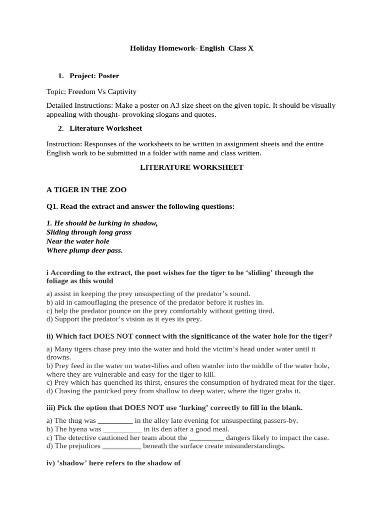 1daaa - Holiday Homework-English-X 2024-25 | PDF | Predation | Tiger