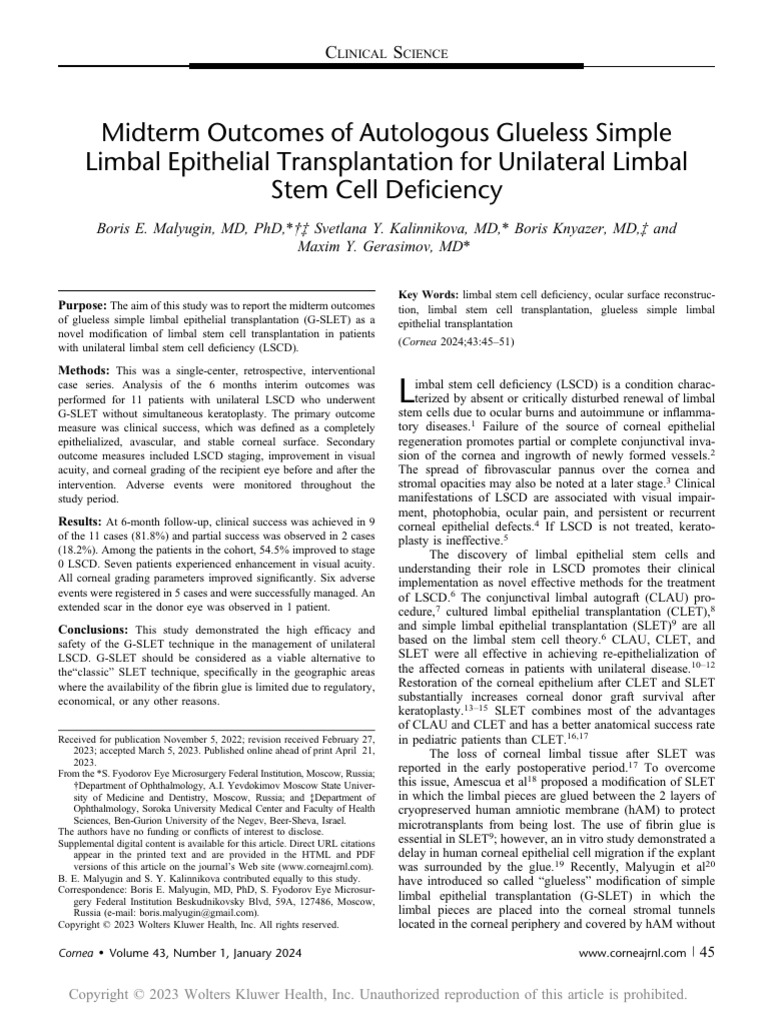 Midterm Outcomes of Autologous Glueless Simple Limbal Epithelial ...