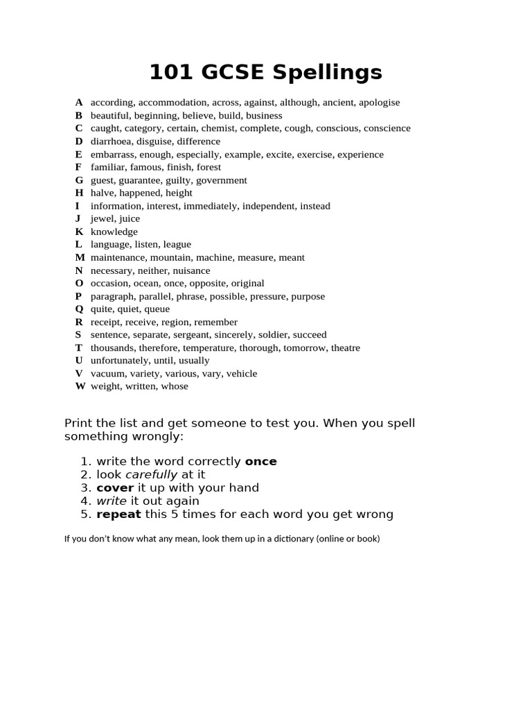 GCSE Spelling Practice Guide | PDF