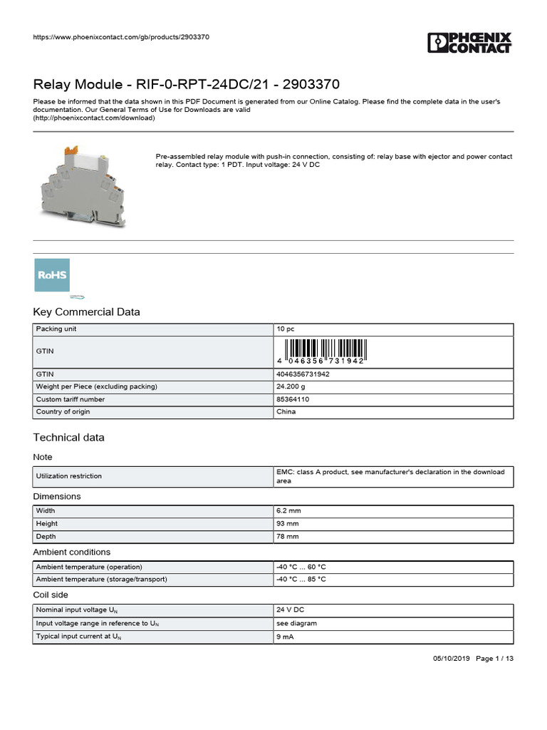 Relay Module - RIF-0-RPT-24DC/21 - 2903370: Key Commercial Data | PDF ...