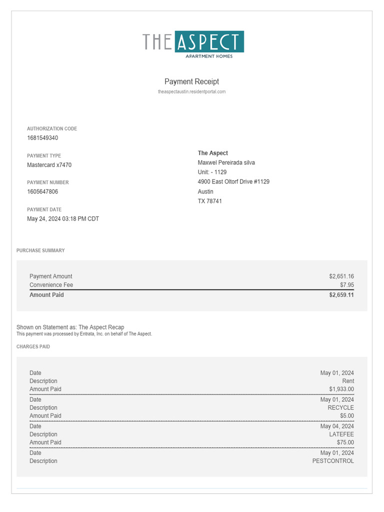 The Aspect Payment Receipt Details | PDF | Payments | Services (Economics)