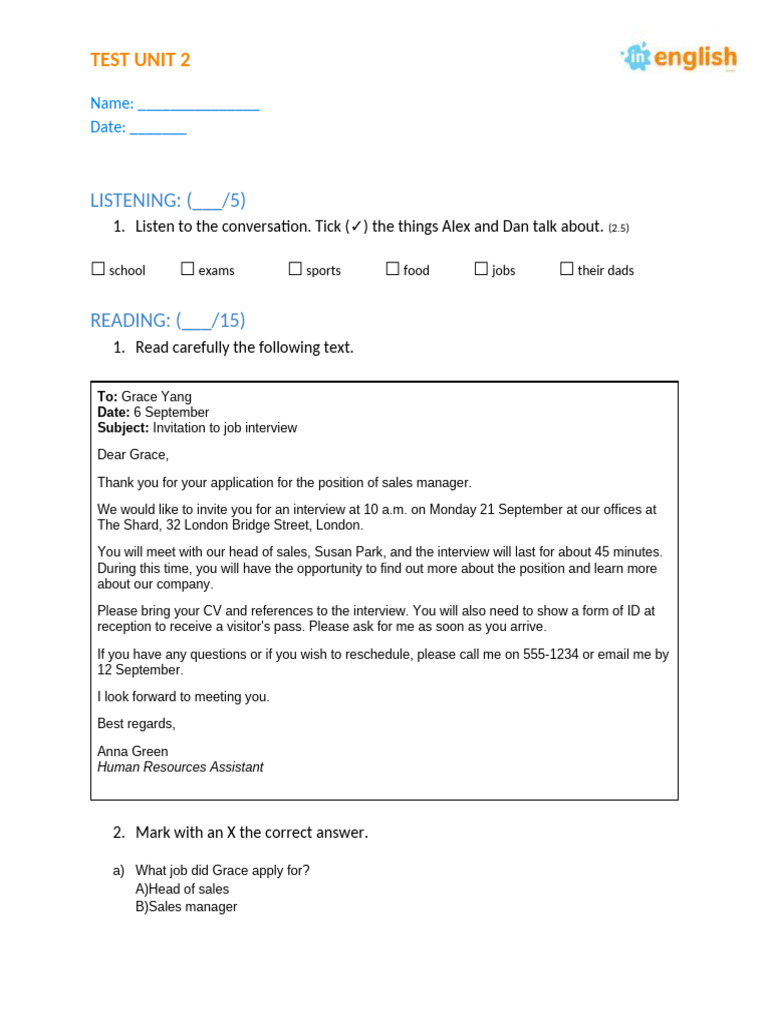 Listening, Reading, and Vocabulary Test | PDF