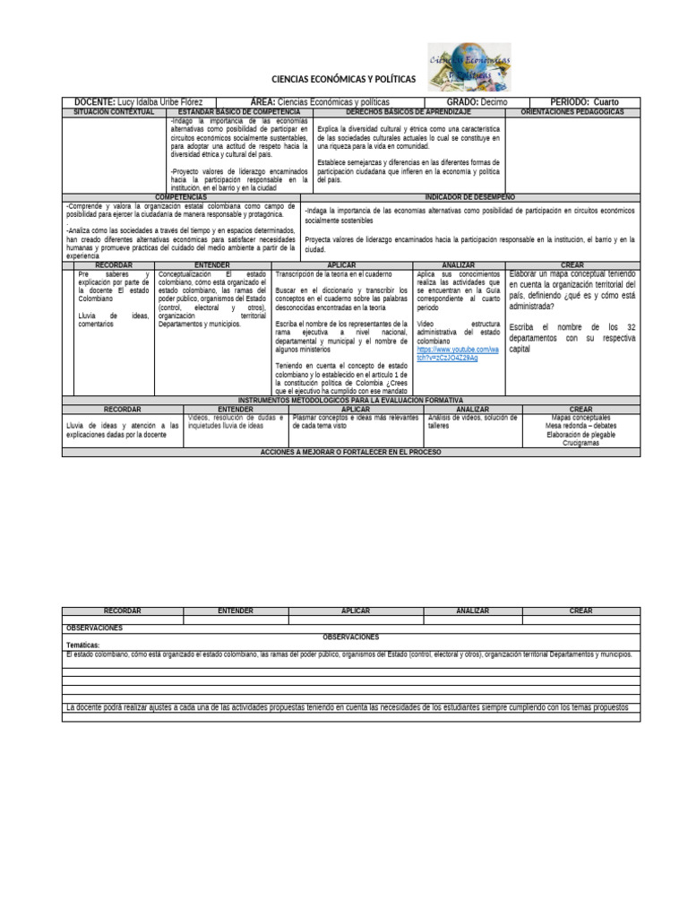 Plan Aula Ciencias Econ. y Politicas Cuarto Periodo | PDF | Colombia ...