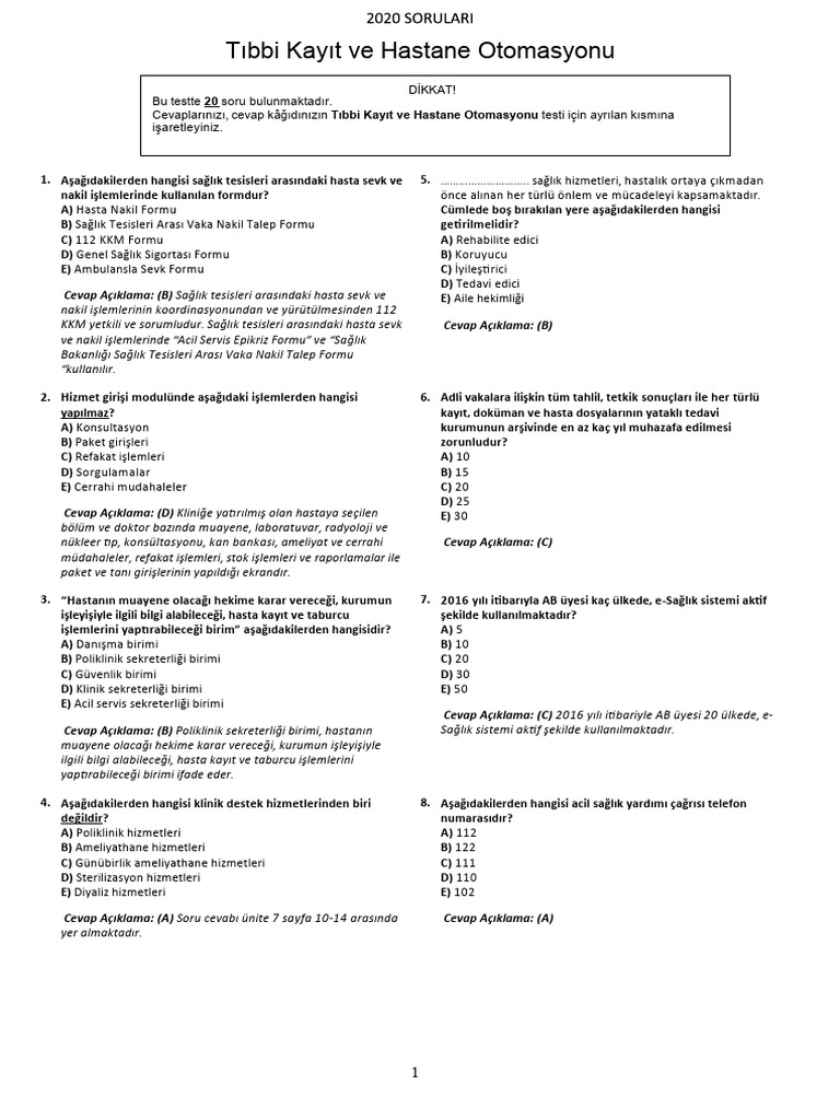 Ata Aof Tibbi Kayit Ve Hastane Otomasyonu Vize Cikmis Sorulari | PDF