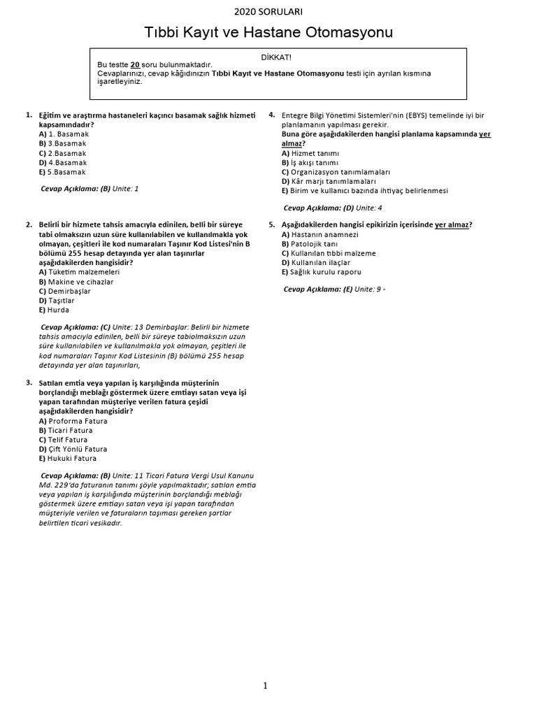Ata Aof Tibbi Kayit Ve Hastane Otomasyonu Final Cikmis Sorulari | PDF