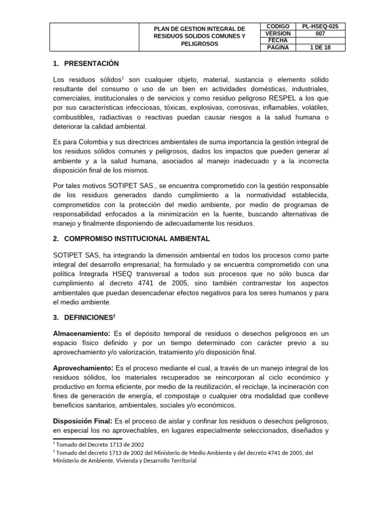 PL-HSEQ-025 Plan de Gestion Integral de Residuos Solidos Comunes y Peligrosos | PDF | Residuos ...