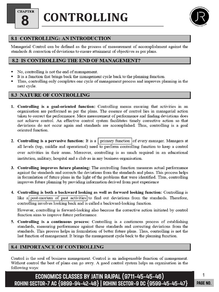 Controlling: Economics Classes by Jatin Rajpal (9711-45-45-46) | PDF