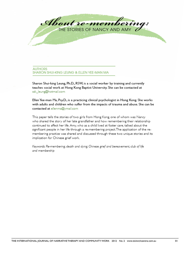 About Re-Membering - The Stories of Nancy and Amy by Sharon Shui-King Leung and Ellen Yee-Man Ma ...