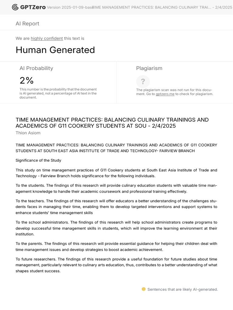 GPTZero AI Scan - TIME MANAGEMENT PRACTICES - BALANCING CULINARY ...