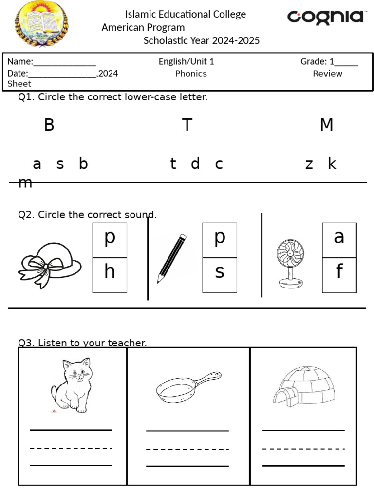 Grade 1 Phonics Review Sheet 2024-2025 | PDF