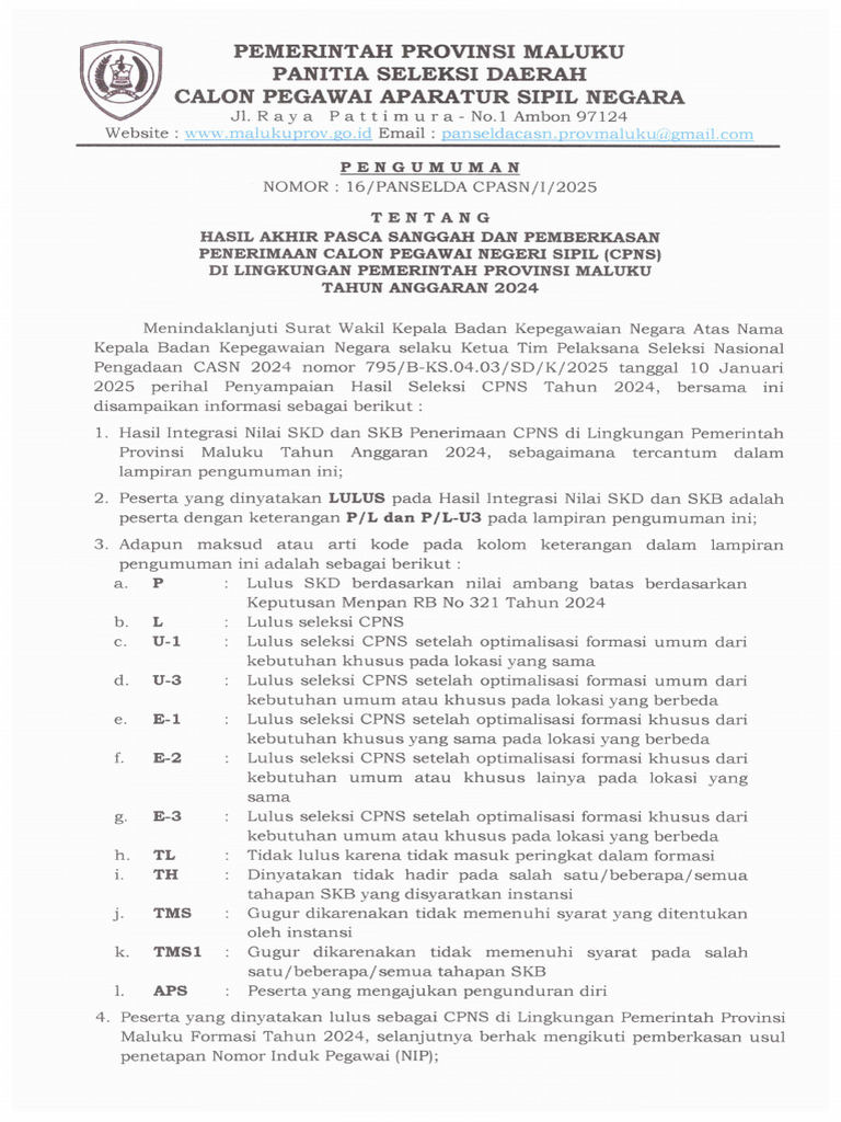 Pengumuman Hasil Akhir Pasca Sanggah Dan Pemberkasan Penerimaan CPNS 2024 | PDF