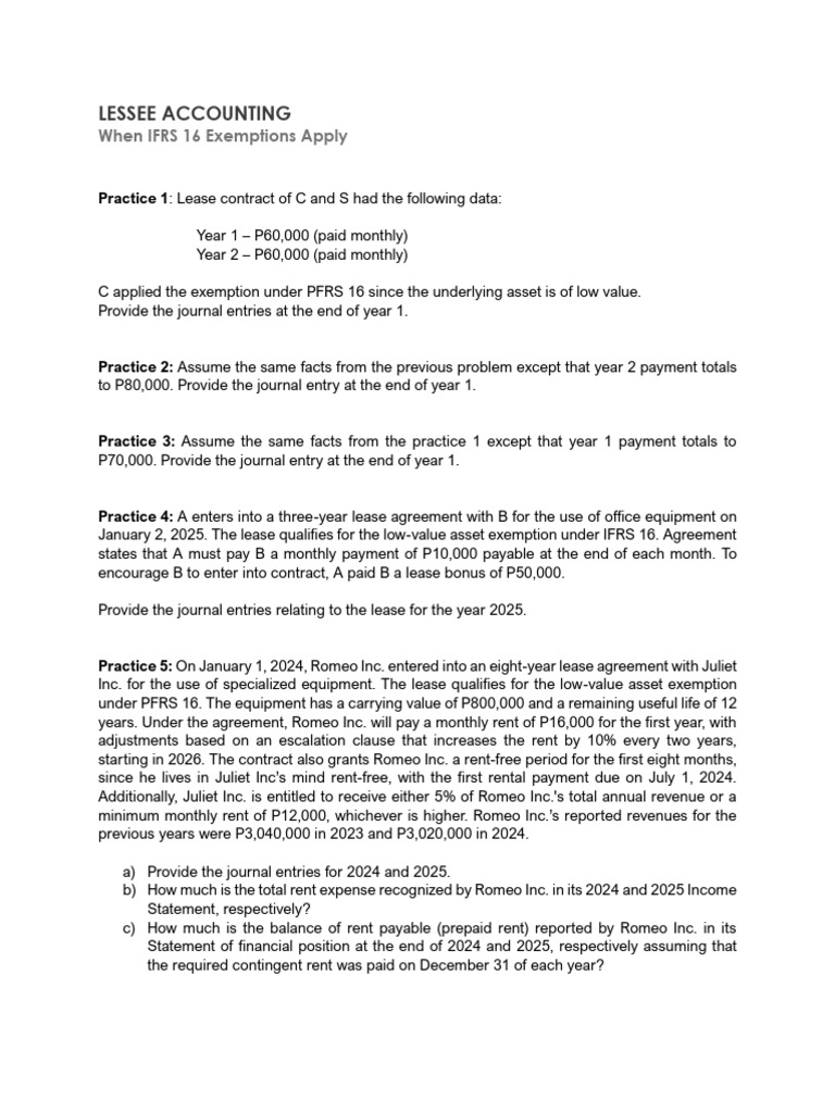 Lessee Accounting - IFRS 16 Exemptions (Practice) | PDF | Lease | Renting