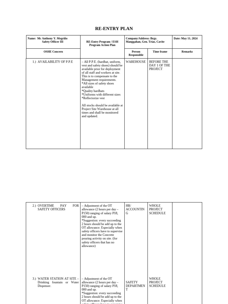 Re Entry Plan Form (Sto - Tomas) | PDF