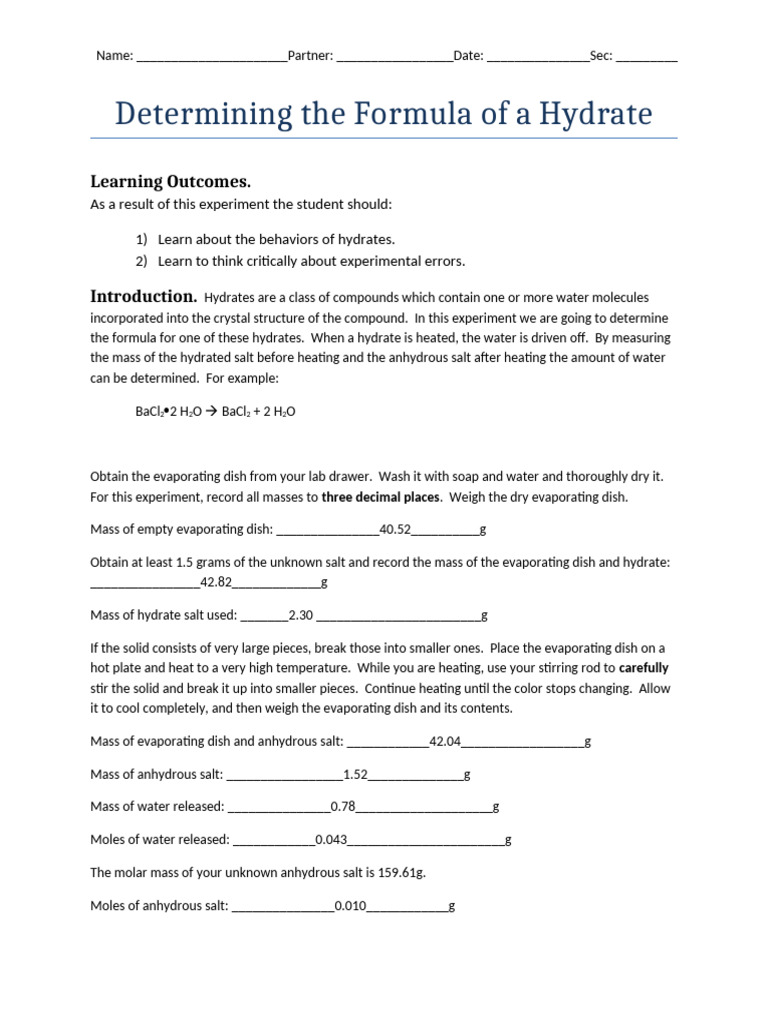 Analyzing Errors in Hydrate Formula Experiment | PDF | Mole (Unit) | Water