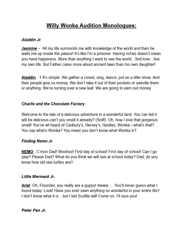 Willy Wonka Audition Monologues | PDF | Huckleberry Finn
