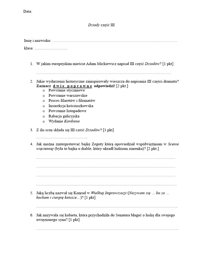 Dziady Część III - Sprawdzian Kuba | PDF