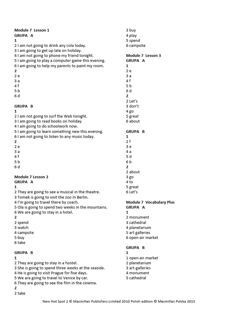 New Hot Spot Klasa5 Short Tests Module 7 Answer Key | PDF