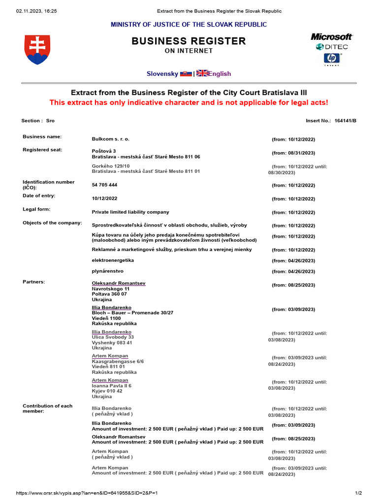 6 Bulkcom Extract From The Business Register The Slovak Republic | PDF