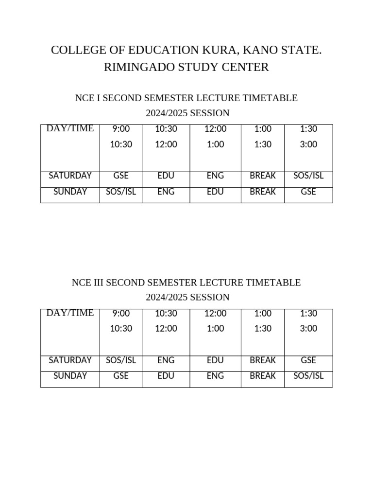 2nd Semester Timetable | PDF