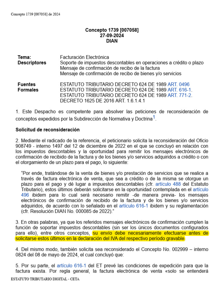 Concepto 1739 - DIAN - FEV Mensajes de Confirmacion No Invalidan ...