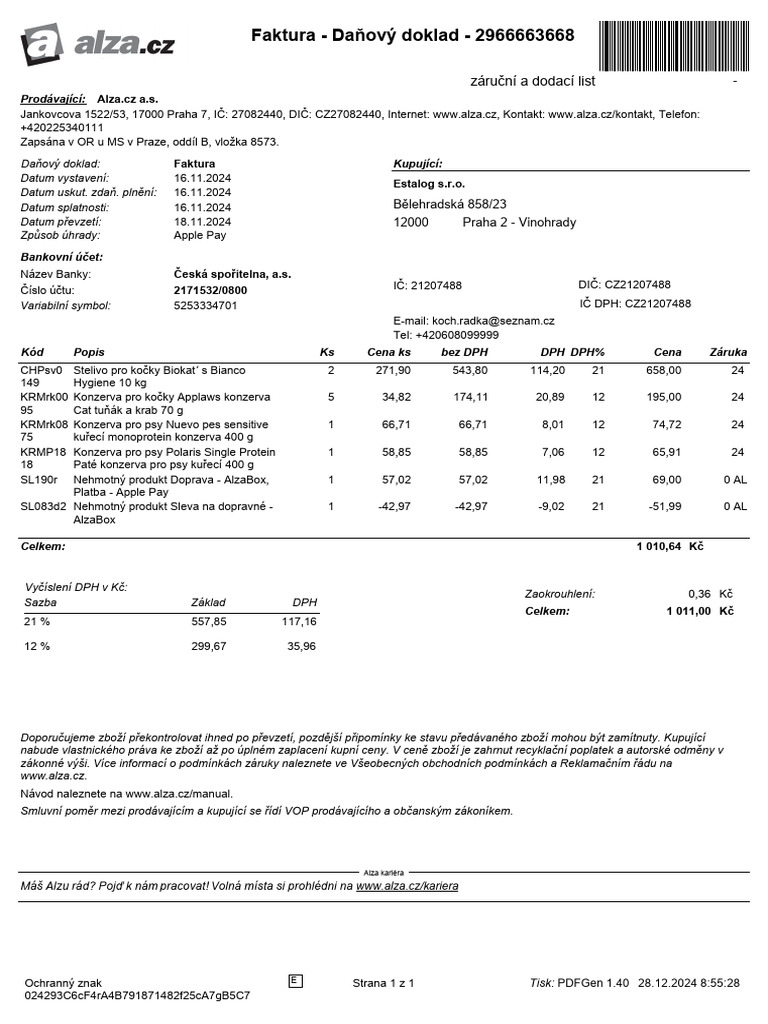 Faktura - Daňový Doklad - 2966663668: Alza - CZ A.S | PDF
