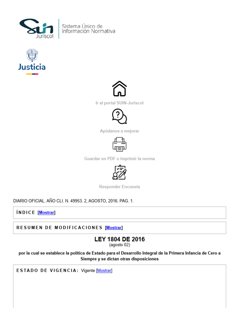 Ley 1804 de 2016 | PDF | Educación de la primera infancia | Estado (política)
