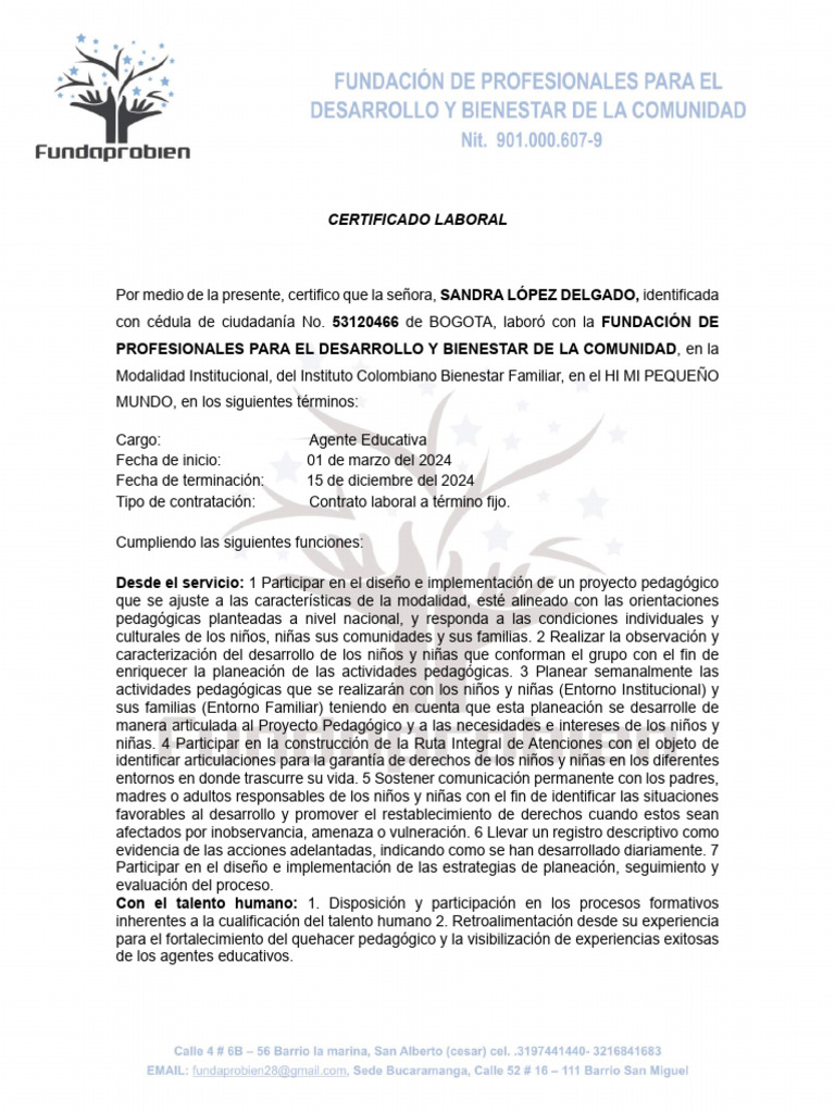 Certificado Agente Educativa Sandra | PDF