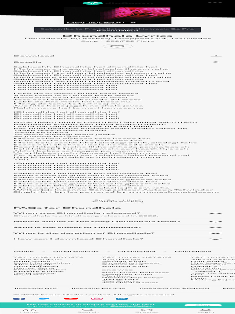 Dhundhala Lyrics - Dhundhala - Only On JioSaavn | PDF | Film Production ...